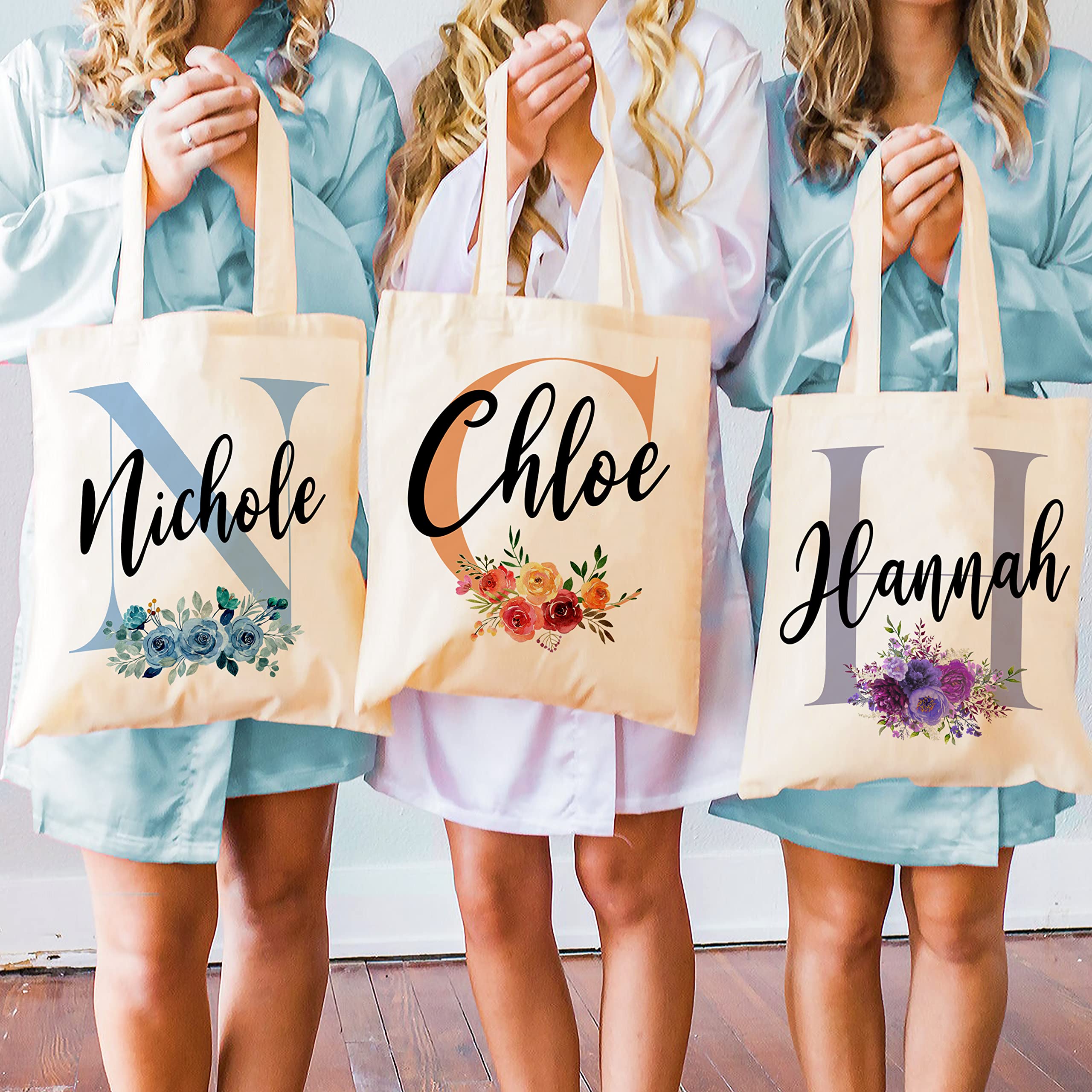 Personalized Wedding Floral Tote Bags Gift for Bridesmaid w/Initial & Name - 8 Design - Customized Canvas Bag for Girls - Custom Beach Shoulder Bag - Maids Bachelorette Party Bridal Shower Gifts C1