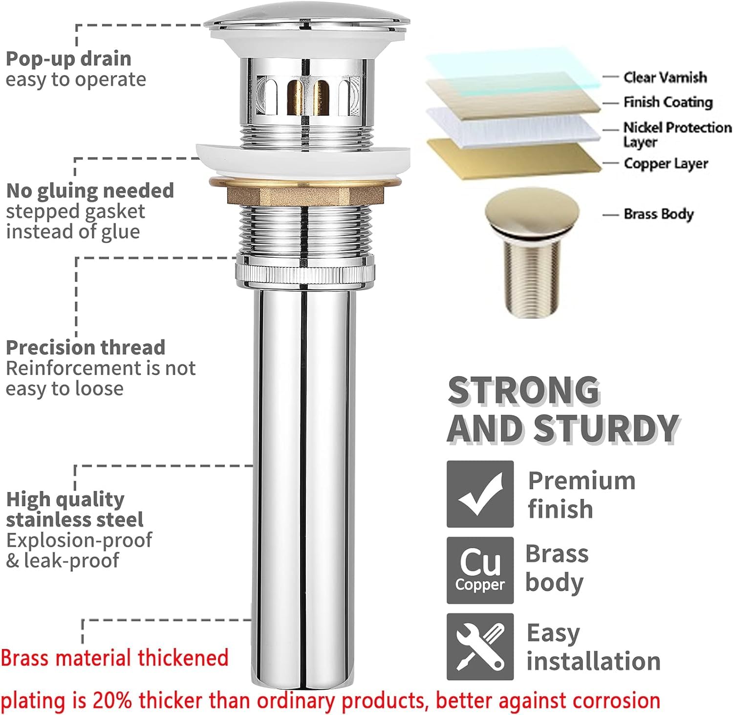 Solid Brass Lavatory Vessel Pop Up Drain Assembly Sink Pop-Up Drain Stopper Assembly with Overflow for Bathroom Faucet Vanity Sink, All Brass Construction(Chrome Plated)
