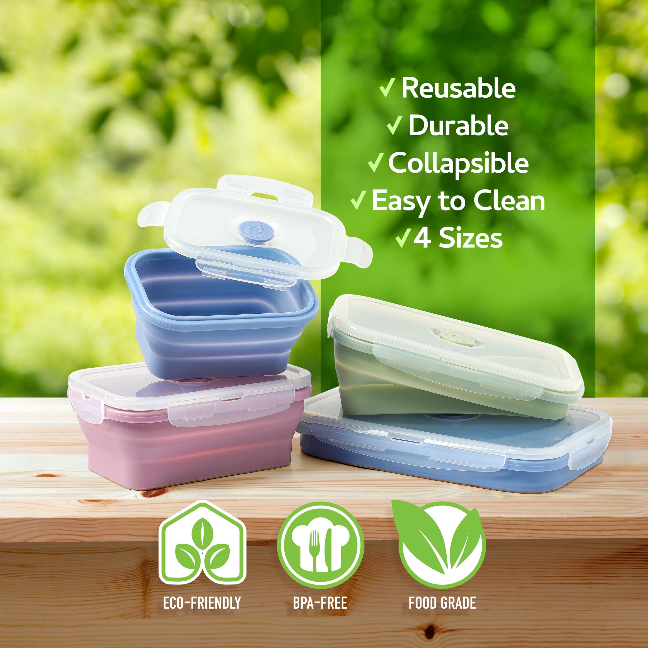 ICHC Set of 4 Collapsible Storage Containers - Space Saving Food Silicone Container, Flat Stacks, Travel Food Containers, Airtight Lunch Box With Lids, Stackable & Reusable
