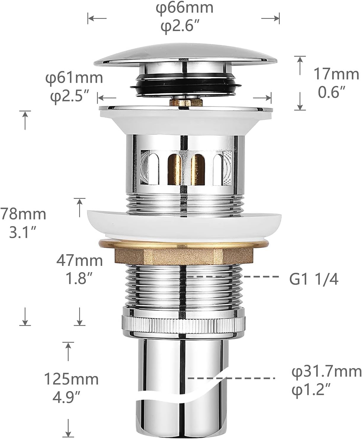 Solid Brass Lavatory Vessel Pop Up Drain Assembly Sink Pop-Up Drain Stopper Assembly with Overflow for Bathroom Faucet Vanity Sink, All Brass Construction(Chrome Plated)