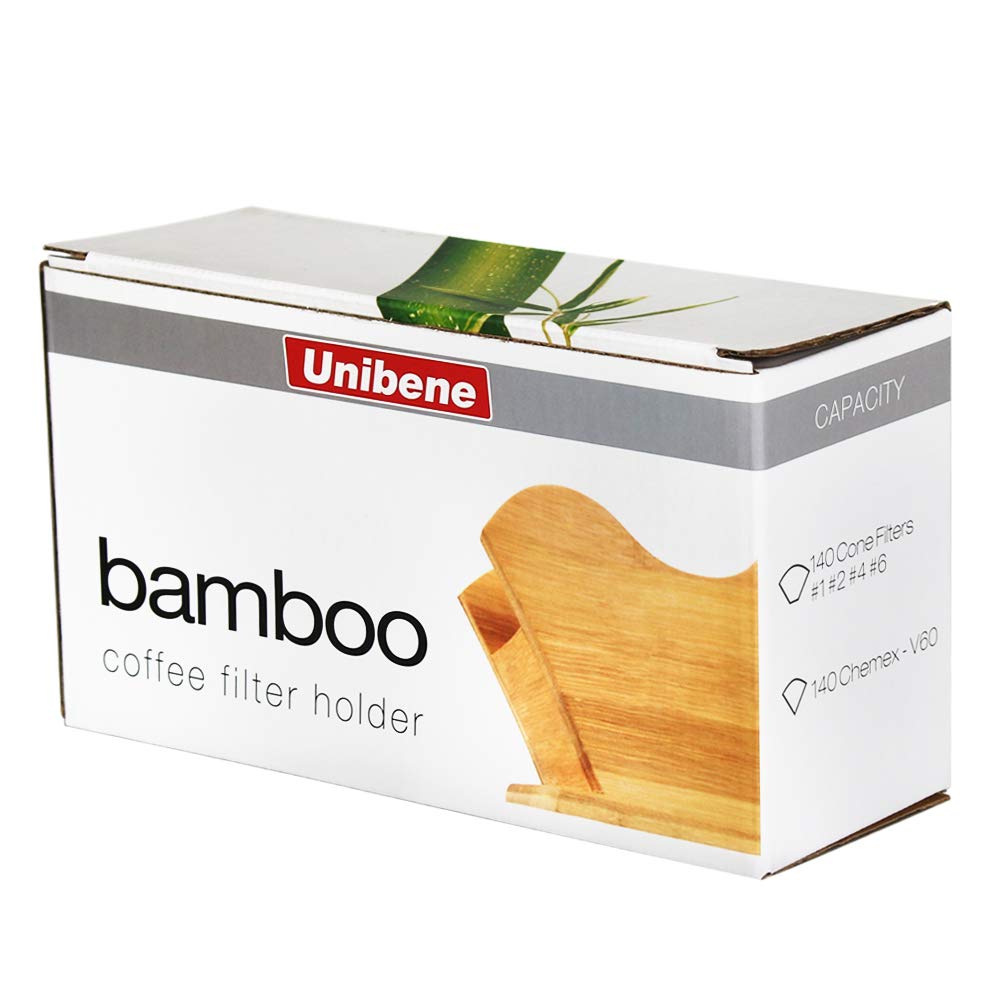Unibene Bamboo Coffee Filter Holder, Renewable Stand Container Dispenser Rack Shelf for Square Cone-shaped and Flat-bottomed Pour Over Paper Filters
