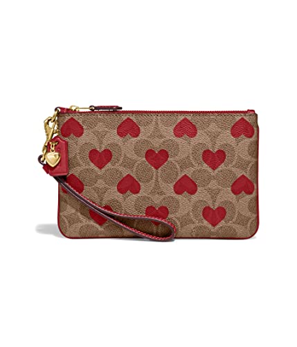 COACH Color-Block Coated Canvas Signature with Heart Print Small Wristlet Tan Red Apple One Size