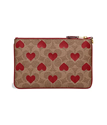 COACH Color-Block Coated Canvas Signature with Heart Print Small Wristlet Tan Red Apple One Size