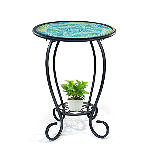 HONGLAND Mosaic Outdoor Side Table, 14" Round Patio Side Table, Mosaic Plant Stand, End Table W/Storage Shelf, Small Bistro Coffee Table for Garden Patio Porch Living Room(Green)