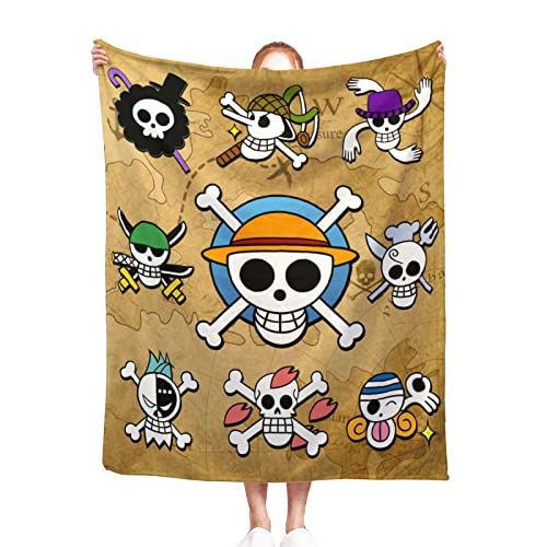 Anime One Piece Throw Blanket Luffy Jolly Roger Utra Soft Japanese Anime Flannel Blanket 50x60inches Straw Hat Pirate Flag Blanket for Bed Sofa Couch Brown Blanket
