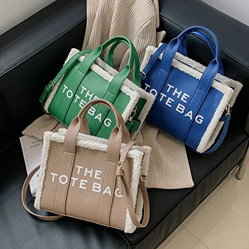NEGBIU Tote Bag for Women, PU Leather Tote Bag with Lamb Wool, Crossbody Handbag for Travel/Work(11 * 8.26 * 4.3in