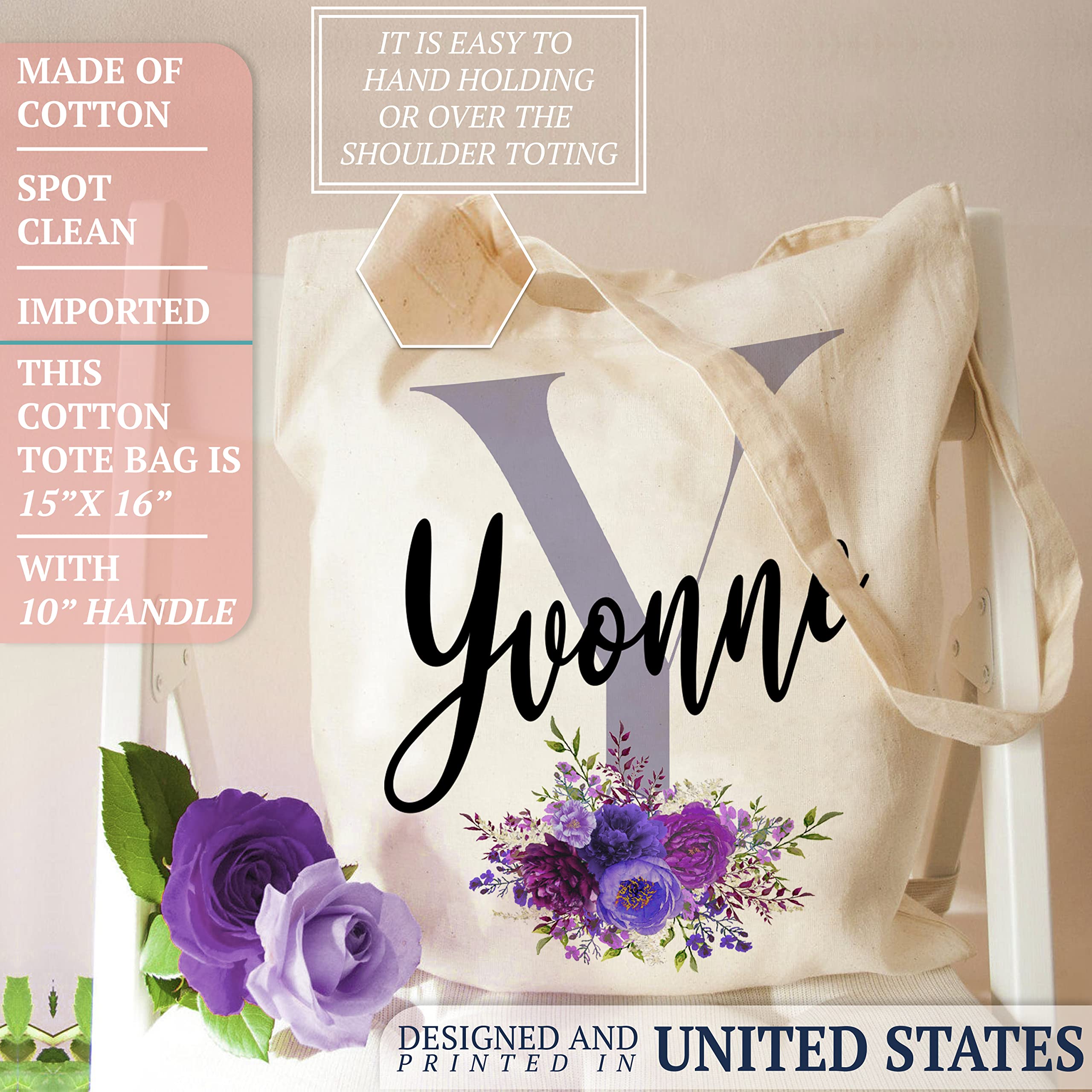 Personalized Wedding Floral Tote Bags Gift for Bridesmaid w/Initial & Name - 8 Design - Customized Canvas Bag for Girls - Custom Beach Shoulder Bag - Maids Bachelorette Party Bridal Shower Gifts C1
