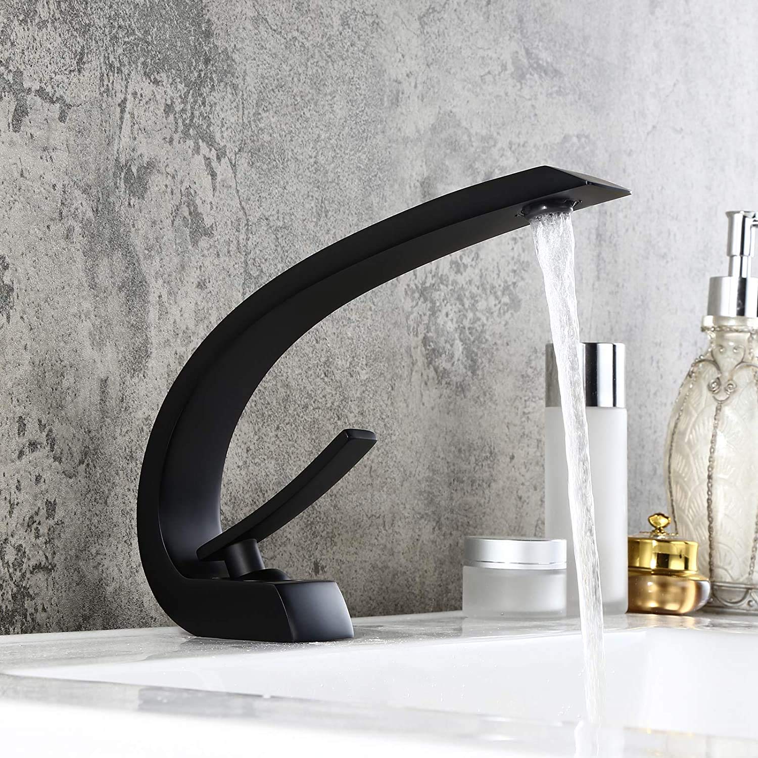 Homary Matte Black 1-Handle Sink Faucet for Bathroom with Pop Up Sink Drain Curved Spout Lavatory 1-Hole Deck Mount, Solid Brass
