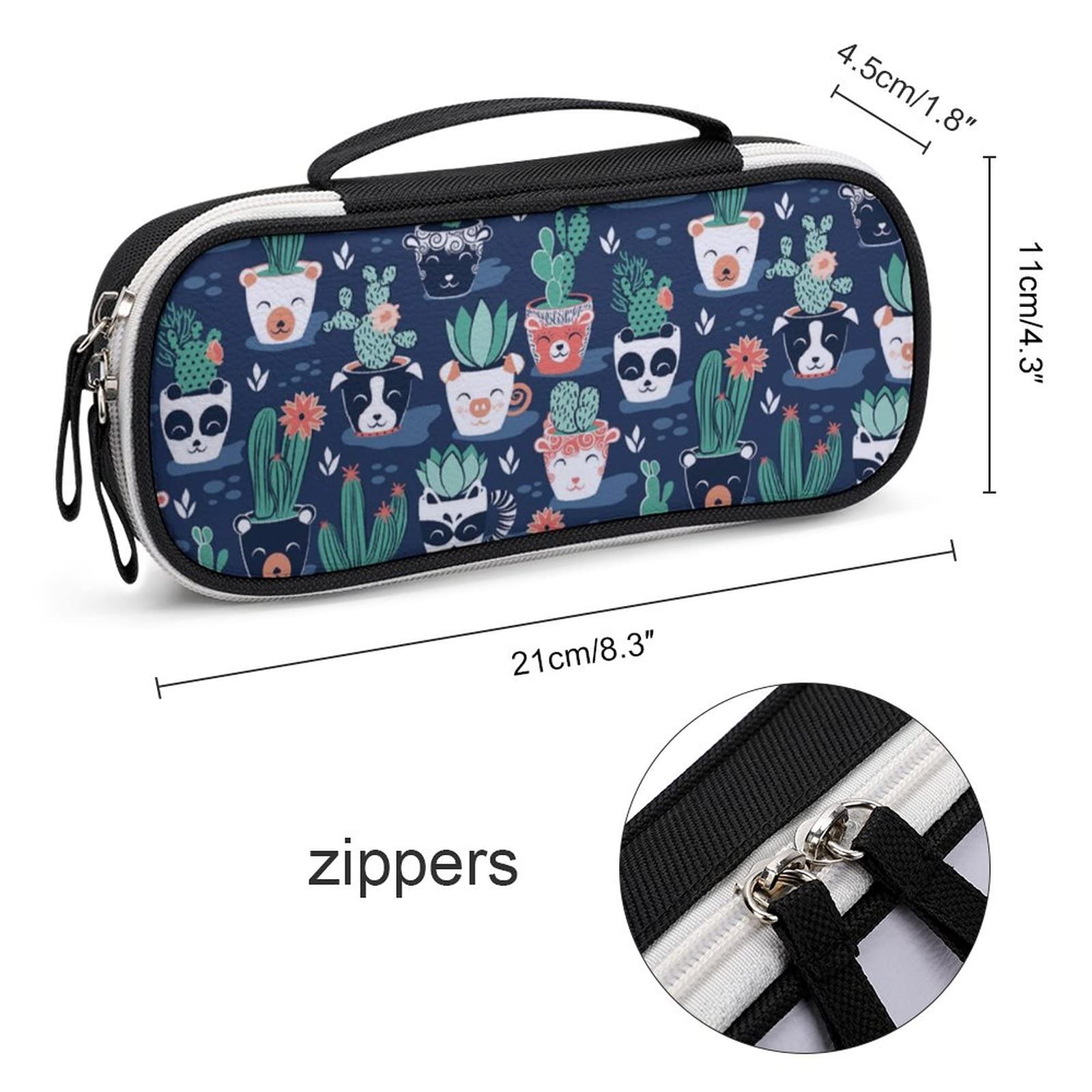 Cacti Succulents Cuddly Pots PU Leather Pencil Pen Case Organizer Travel Makeup Handbag Portable Stationery Bag