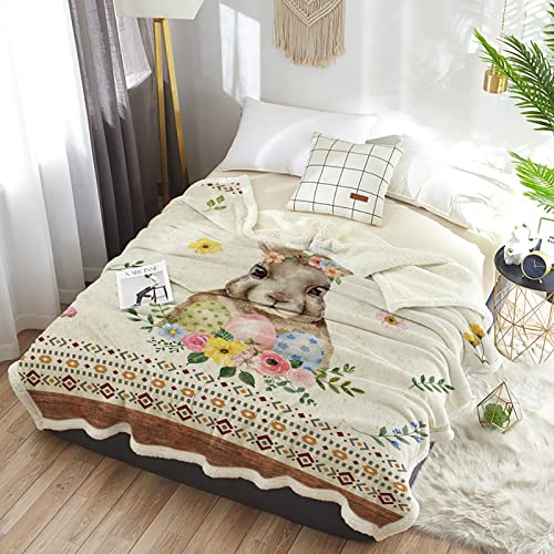 Fantasy Staring Easter Bunny Sherpa Fleece Throw Blanket - Farmhouse Easter Eggs Rabbit Spring Flower Fluffy Super Soft Microfiber Blanket Fuzzy Blanket for Couch Bed Sofa 50 x 80 Inches