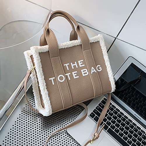 NEGBIU Tote Bag for Women, PU Leather Tote Bag with Lamb Wool, Crossbody Handbag for Travel/Work(11 * 8.26 * 4.3in