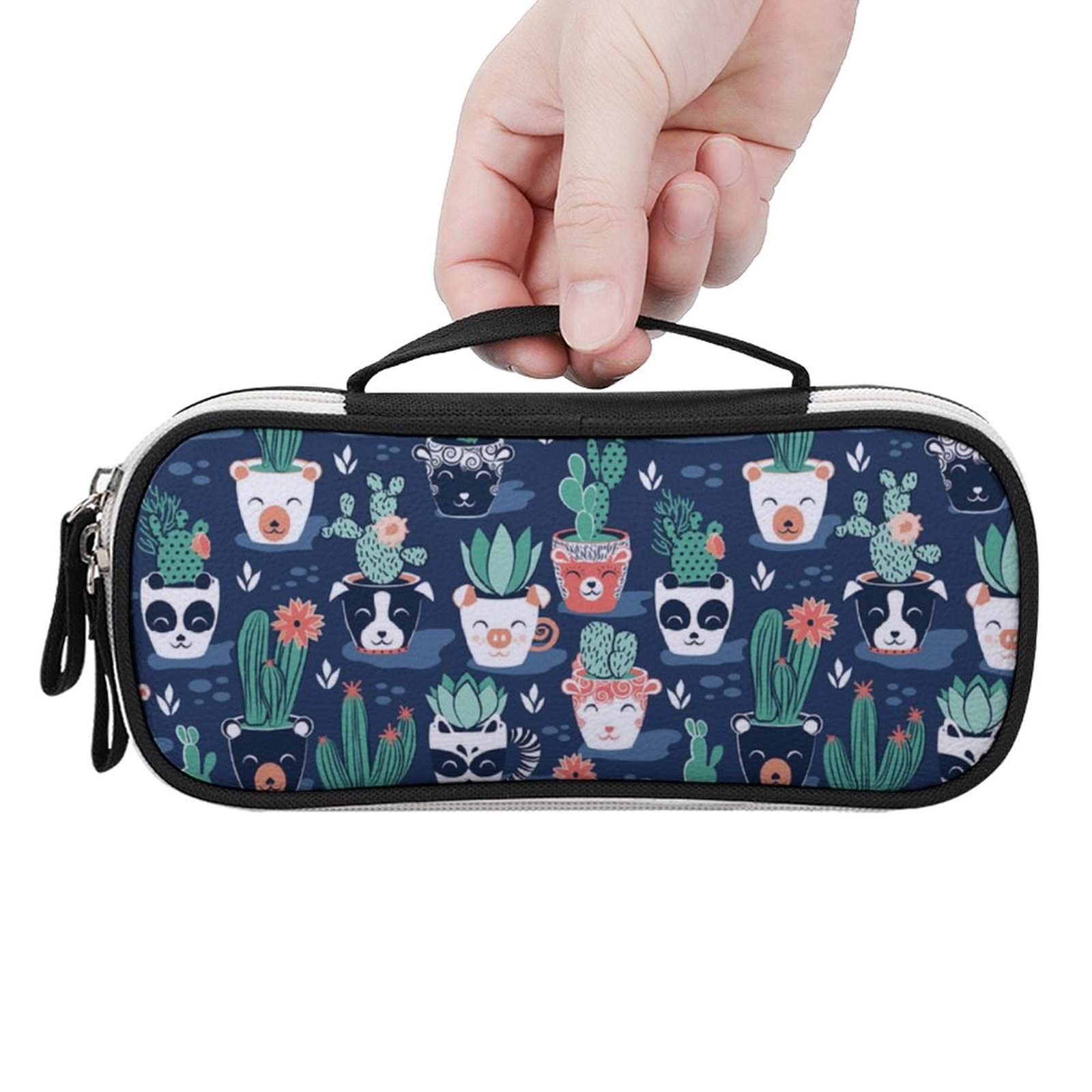 Cacti Succulents Cuddly Pots PU Leather Pencil Pen Case Organizer Travel Makeup Handbag Portable Stationery Bag