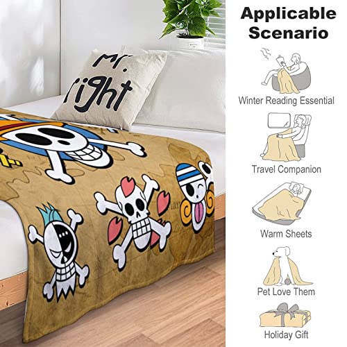 Anime One Piece Throw Blanket Luffy Jolly Roger Utra Soft Japanese Anime Flannel Blanket 50x60inches Straw Hat Pirate Flag Blanket for Bed Sofa Couch Brown Blanket
