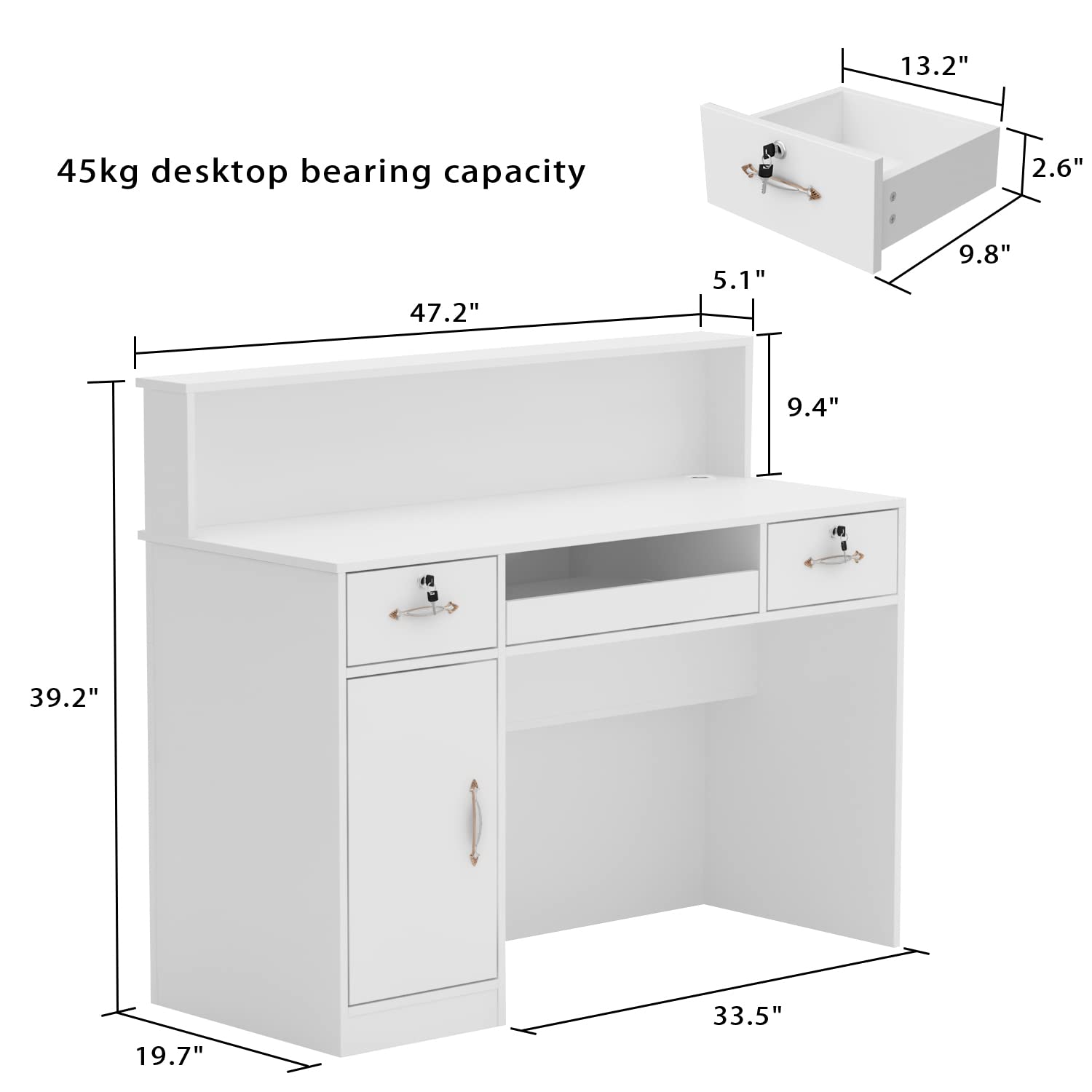 AIEGLE Reception Desk with Counter, Retail Counter with Lighted Display Shelf & Lockable Drawers, for Salon Reception Room Checkout Office, White (47.2" W x 19.7" D x 39.2" H)