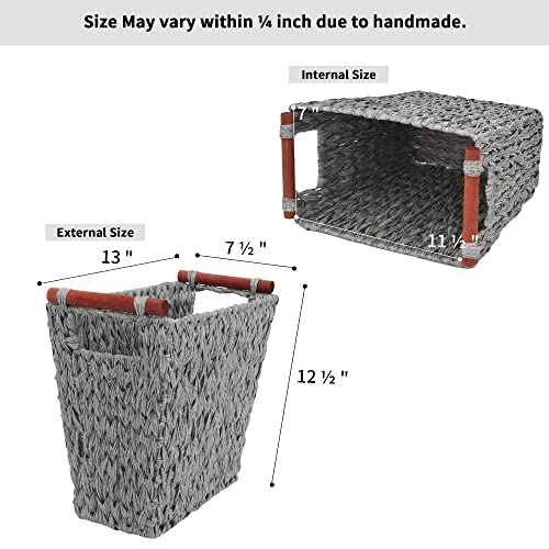 GRANNY SAYS Woven Waste Basket, Gray Wicker Basket with Wood Handles, Wicker Waste Basket for Bathroom Living Room, 2-Pack, 13" x 7 ½" x 12 ½"