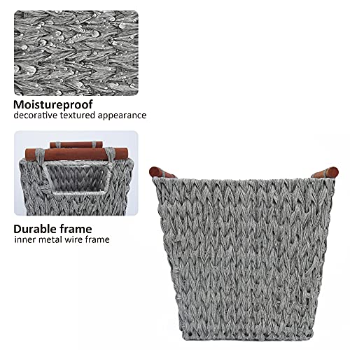 GRANNY SAYS Woven Waste Basket, Gray Wicker Basket with Wood Handles, Wicker Waste Basket for Bathroom Living Room, 2-Pack, 13" x 7 ½" x 12 ½"