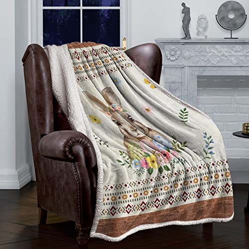 Fantasy Staring Easter Bunny Sherpa Fleece Throw Blanket - Farmhouse Easter Eggs Rabbit Spring Flower Fluffy Super Soft Microfiber Blanket Fuzzy Blanket for Couch Bed Sofa 50 x 80 Inches