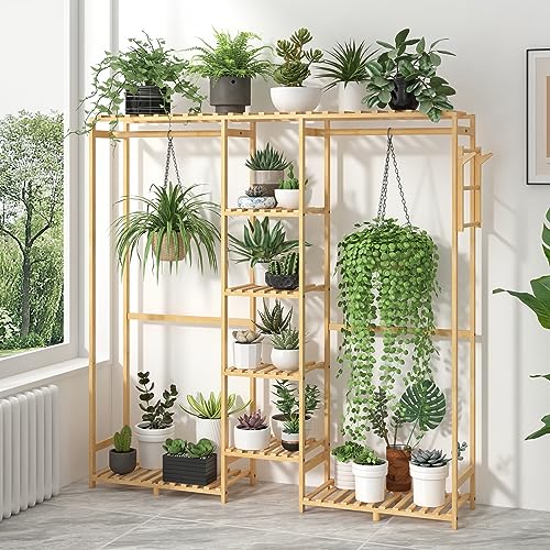 UDEAR Garment Rack Bamboo Clothes Rack for Hanging Clothes,Clothing Racks Storage Organizer with 2 Rods,5 Shelves and 2 Hooks,Multi-Functional Wardrobe Closet