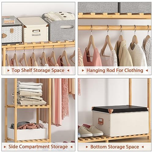 UDEAR Garment Rack Bamboo Clothes Rack for Hanging Clothes,Clothing Racks Storage Organizer with 2 Rods,5 Shelves and 2 Hooks,Multi-Functional Wardrobe Closet