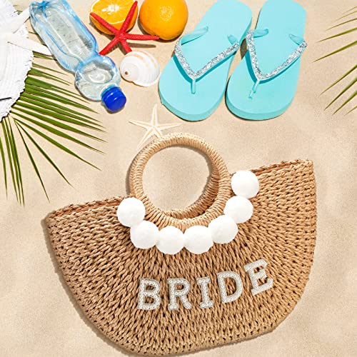 Pinkunn Bride Beach Bag Handwoven Straw Rhinestone Pearl Letters Handle Purse Bachelorette Wedding Honeymoon Essentials (BRIDE, Pearl Letter)