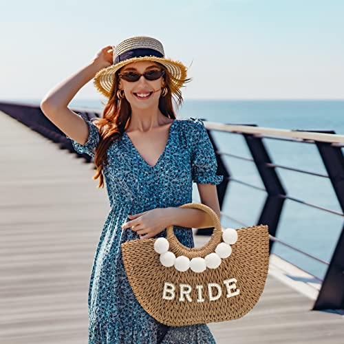 Pinkunn Bride Beach Bag Handwoven Straw Rhinestone Pearl Letters Handle Purse Bachelorette Wedding Honeymoon Essentials (BRIDE, Pearl Letter)