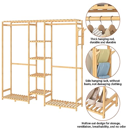 UDEAR Garment Rack Bamboo Clothes Rack for Hanging Clothes,Clothing Racks Storage Organizer with 2 Rods,5 Shelves and 2 Hooks,Multi-Functional Wardrobe Closet