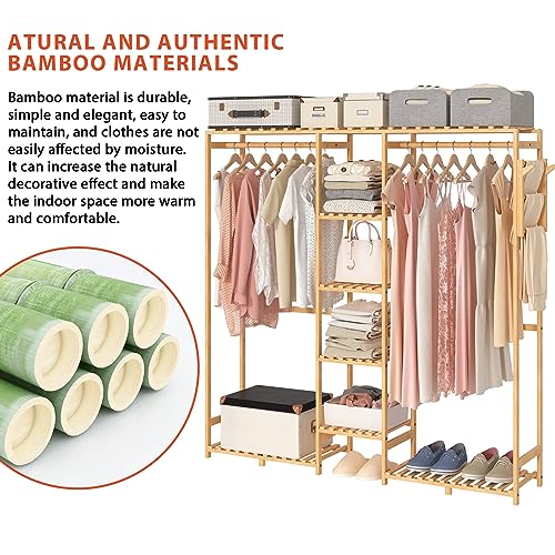 UDEAR Garment Rack Bamboo Clothes Rack for Hanging Clothes,Clothing Racks Storage Organizer with 2 Rods,5 Shelves and 2 Hooks,Multi-Functional Wardrobe Closet