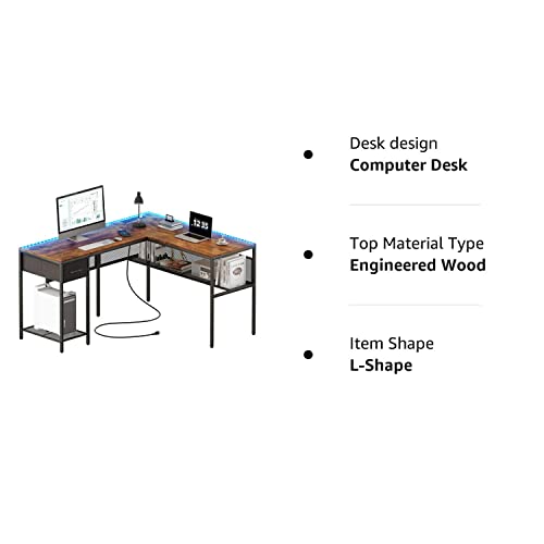 SUPERJARE L Shaped Desk with Power Outlets & LED Lights, Computer Desk with Storage Shelves & Fabric Drawer, Reversible Corner Desk with Bookshelf, Home Office Desk, Rustic Brown
