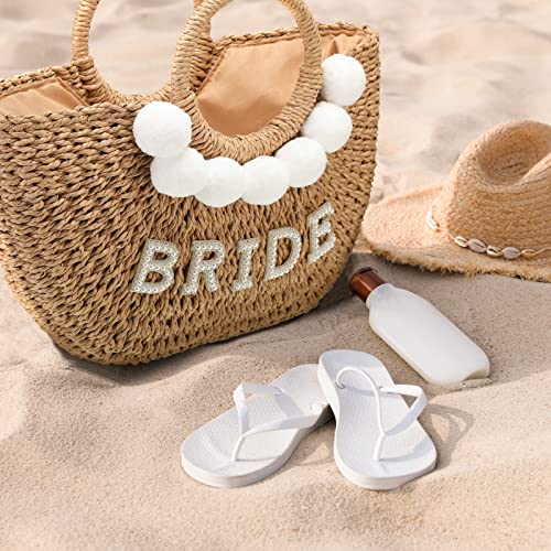 Pinkunn Bride Beach Bag Handwoven Straw Rhinestone Pearl Letters Handle Purse Bachelorette Wedding Honeymoon Essentials (BRIDE, Pearl Letter)
