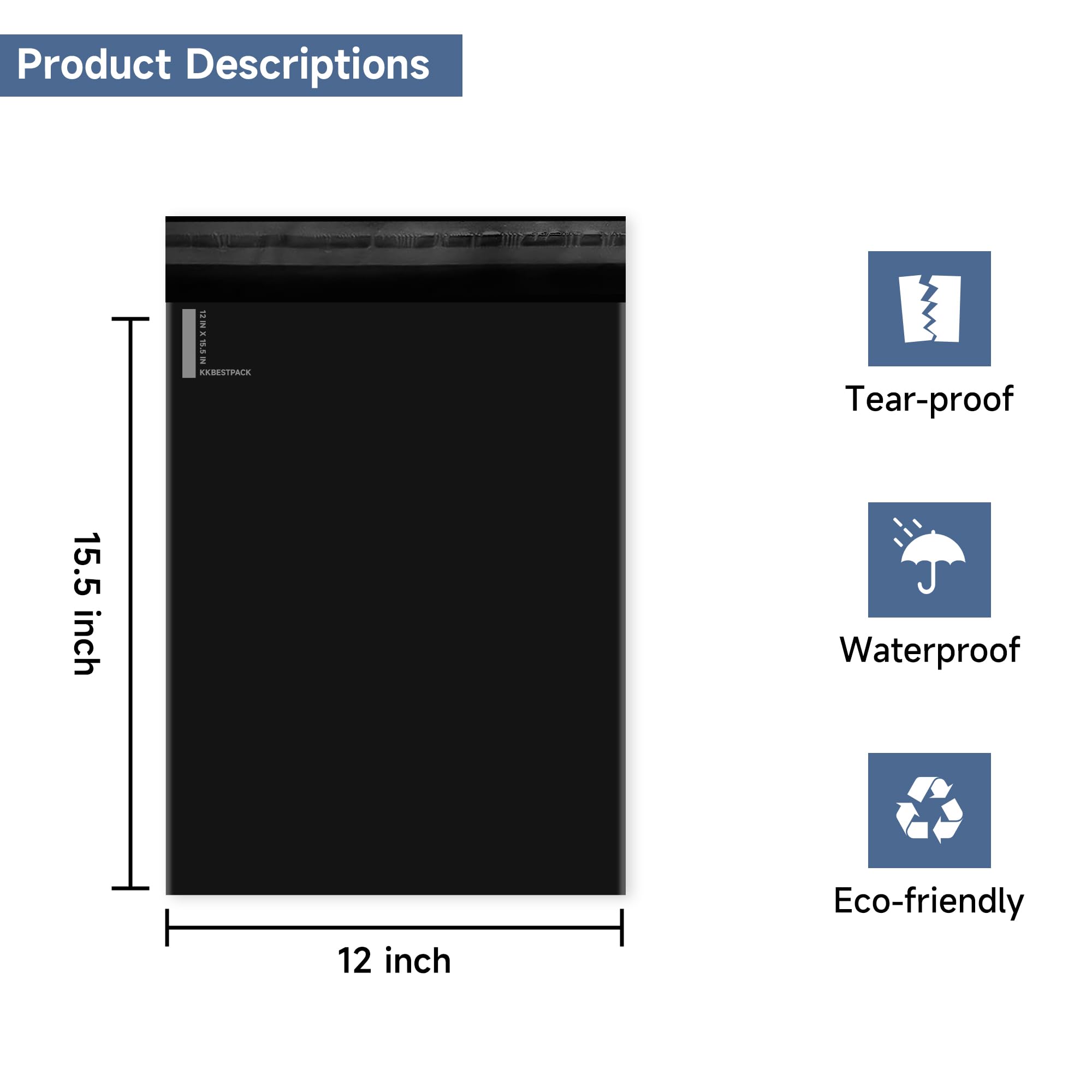 KKBESTPACK 100 Pcs 12x15.5 Poly Mailer Envelopes Shipping Bags Self Adhesive Waterproof Bags (Black), 12 x 15.5