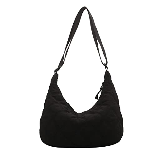 Retro Embroidered Plaid Nylon Shoulder Bag Tote Bag for Fall Winter, Aesthetic Harajuku Handbag Fluffy Y2k Messenger Bag (Black)