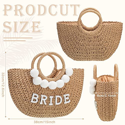 Pinkunn Bride Beach Bag Handwoven Straw Rhinestone Pearl Letters Handle Purse Bachelorette Wedding Honeymoon Essentials (BRIDE, Pearl Letter)