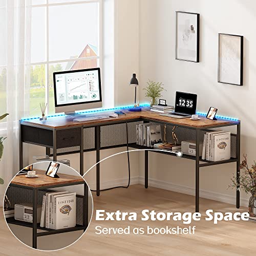 SUPERJARE L Shaped Desk with Power Outlets & LED Lights, Computer Desk with Storage Shelves & Fabric Drawer, Reversible Corner Desk with Bookshelf, Home Office Desk, Rustic Brown