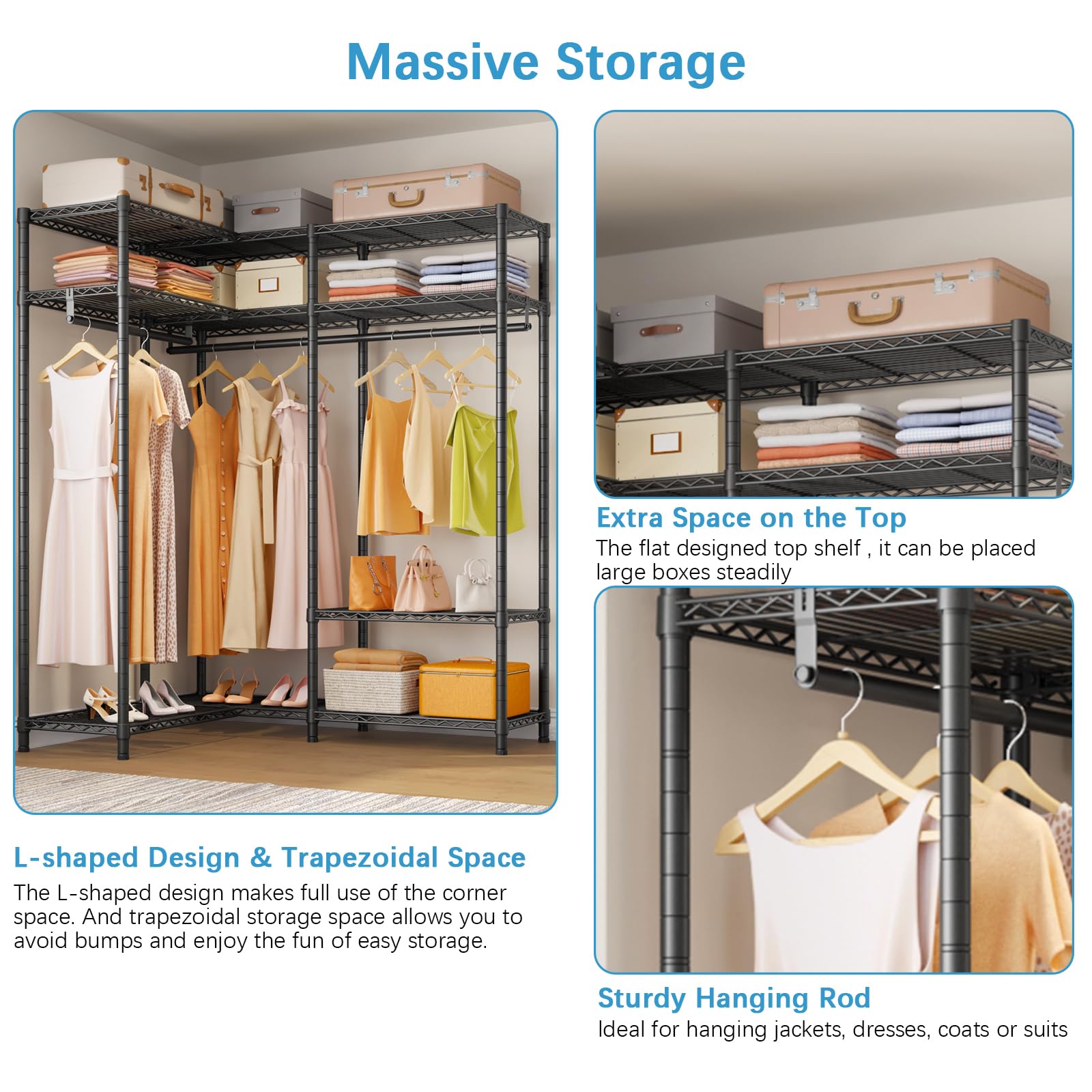 VIPEK L30 Garment Rack, Heavy Duty Corner Clothes Rack, L Shaped Corner Closet System with Adjustable Shelves & Hanging Rods, Freestanding Corner Wardrobe Portable Closet for Hanging Clothes