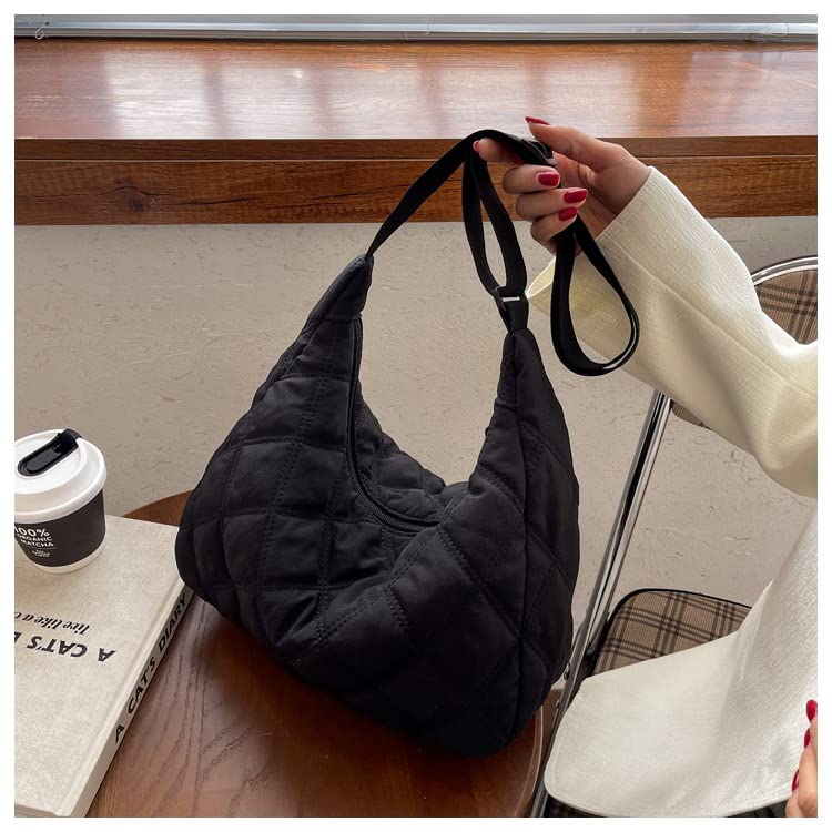 Retro Embroidered Plaid Nylon Shoulder Bag Tote Bag for Fall Winter, Aesthetic Harajuku Handbag Fluffy Y2k Messenger Bag (Black)
