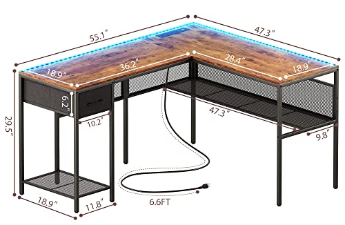 SUPERJARE L Shaped Desk with Power Outlets & LED Lights, Computer Desk with Storage Shelves & Fabric Drawer, Reversible Corner Desk with Bookshelf, Home Office Desk, Rustic Brown