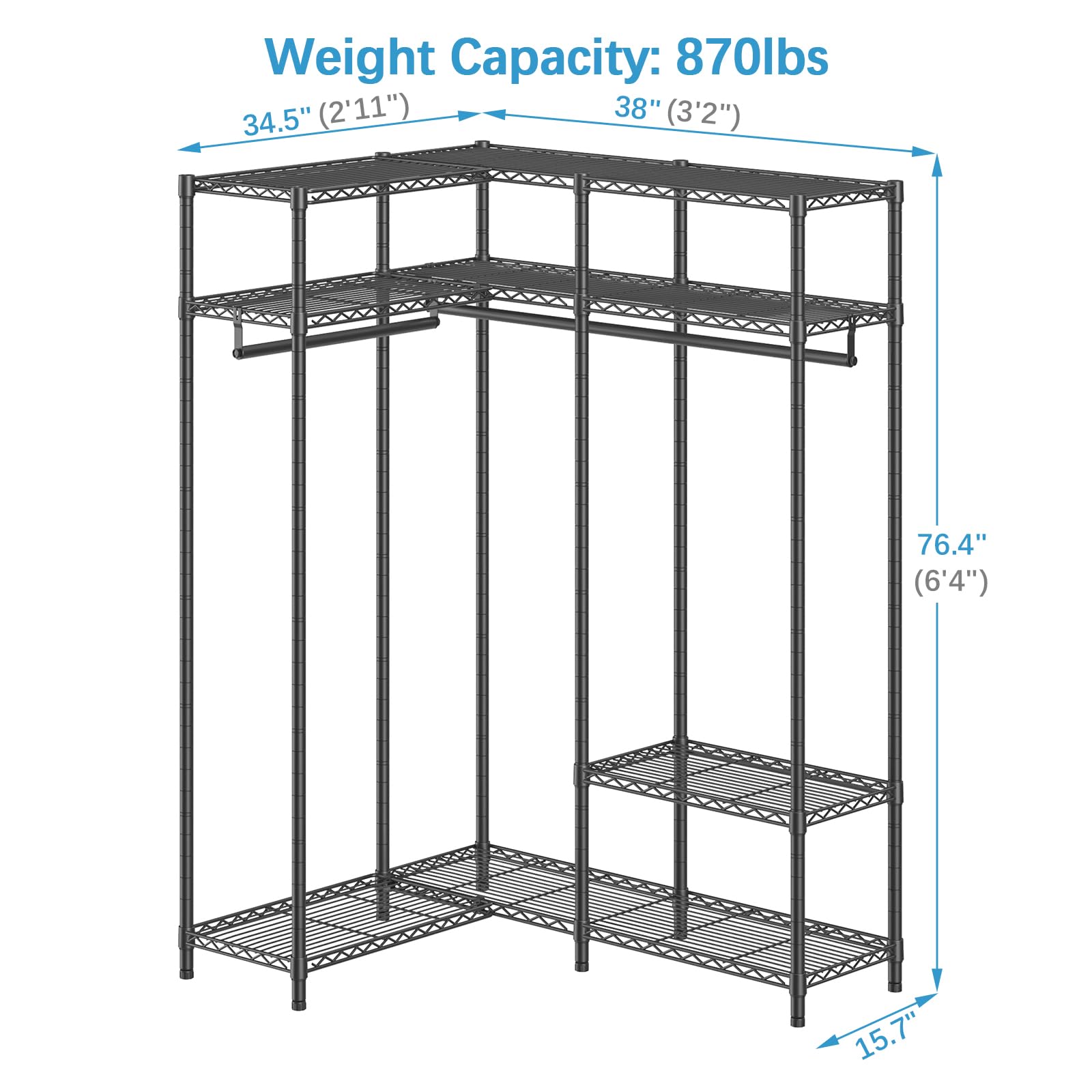 VIPEK L30 Garment Rack, Heavy Duty Corner Clothes Rack, L Shaped Corner Closet System with Adjustable Shelves & Hanging Rods, Freestanding Corner Wardrobe Portable Closet for Hanging Clothes