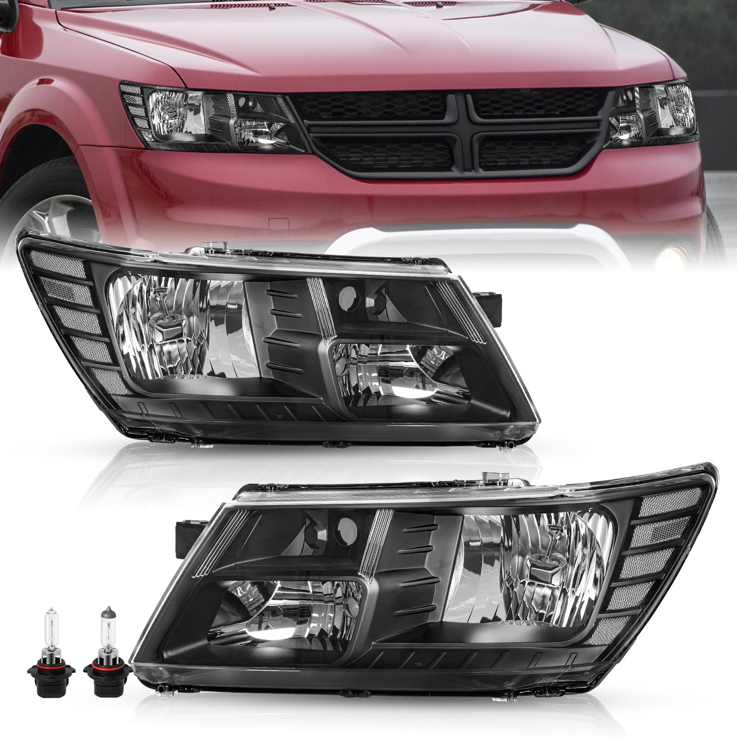TUSDAR Headlight Assembly Set for 09-20 Dodge Journey Driver and Passenger Side Black Housing Clearr Reflector Bulbs Included