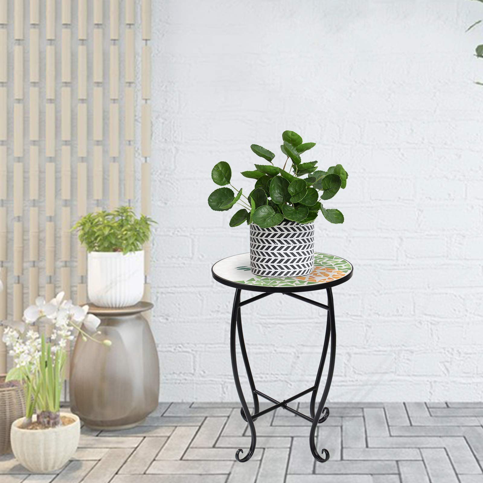 display4top Mosaic Round Outdoor Accent Table,Plant Flower Stand,Round Side Table (Yellow)