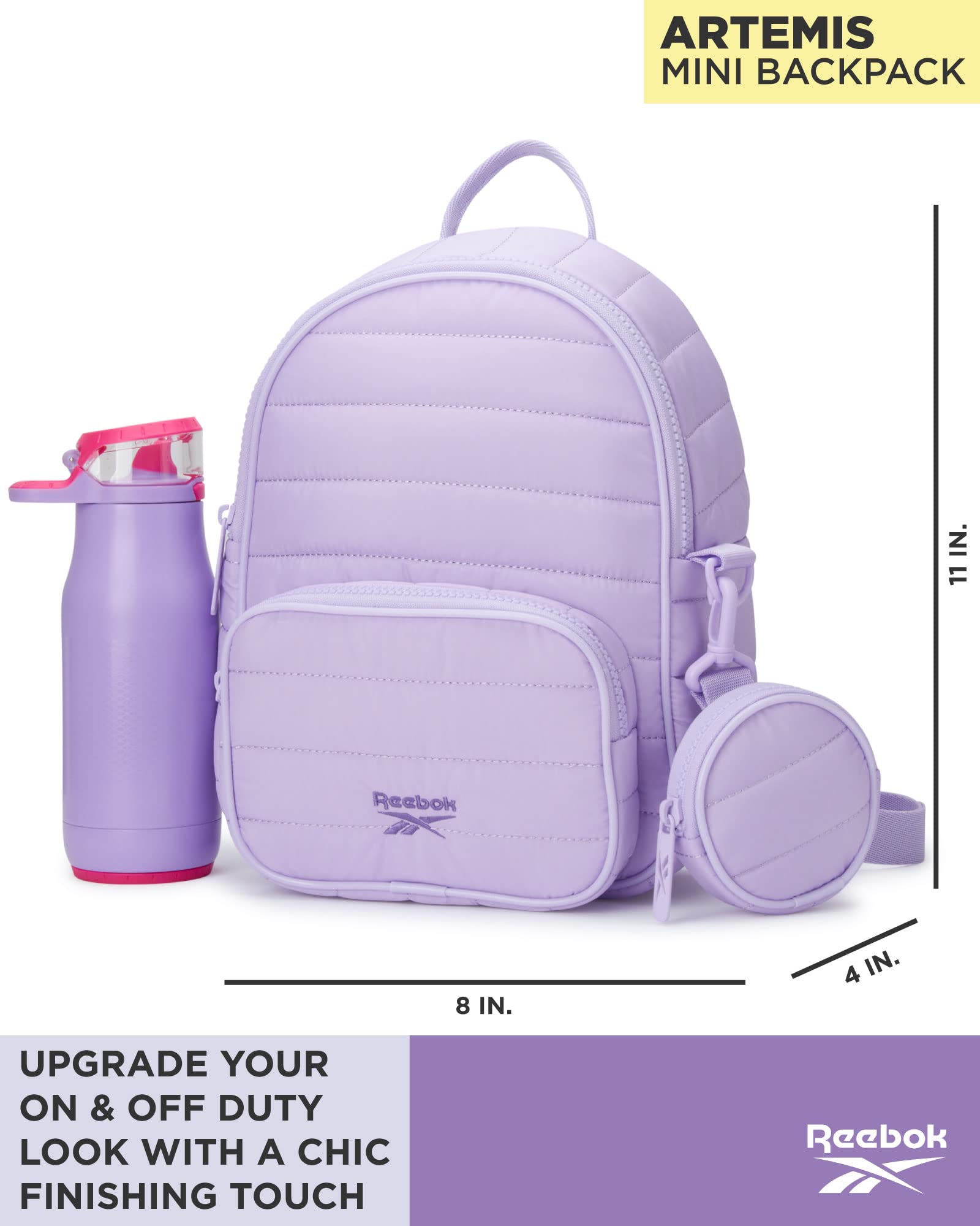 Reebok Women's Backpack - Artemis Quilted Shoulder Purse - Travel Gym Bag for Kids, Teens, and Adults, Size One Size, Pastel Lilac