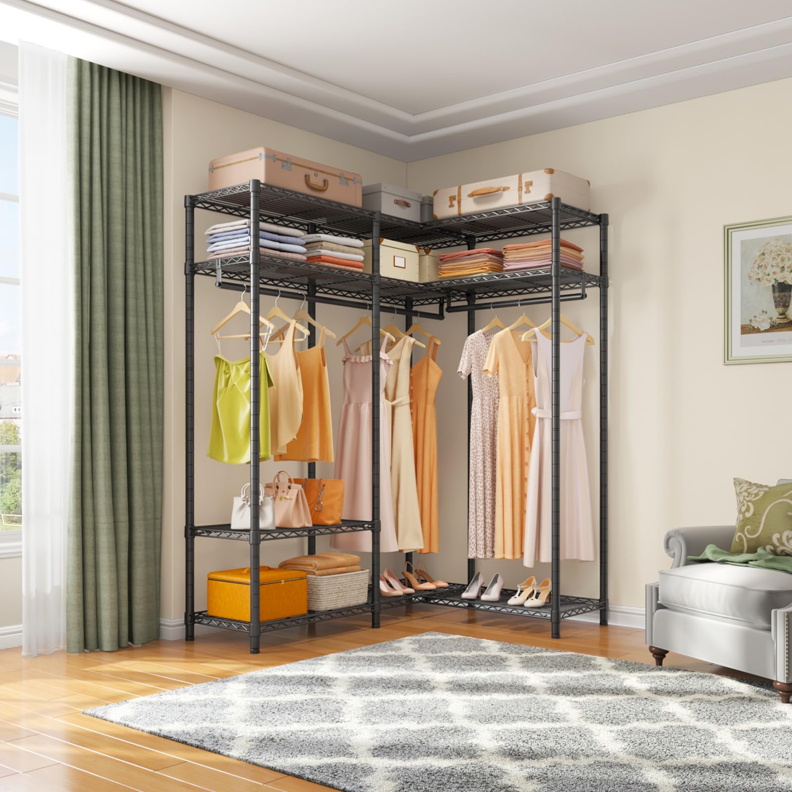 VIPEK L30 Garment Rack, Heavy Duty Corner Clothes Rack, L Shaped Corner Closet System with Adjustable Shelves & Hanging Rods, Freestanding Corner Wardrobe Portable Closet for Hanging Clothes