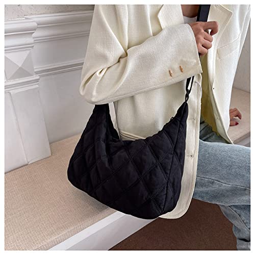 Retro Embroidered Plaid Nylon Shoulder Bag Tote Bag for Fall Winter, Aesthetic Harajuku Handbag Fluffy Y2k Messenger Bag (Black)