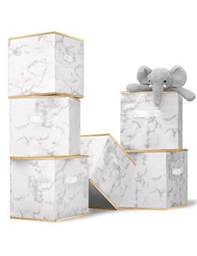 MYTHAUS Foldable Storage Cube Bins Organizer - Cube Storage Bin,Decorative Cube Storage Organizer,Storage Basket Dual Handles,11 X 11 for Nursery/Home Office/Closet/Kids Room 6-Pack(White Marble)