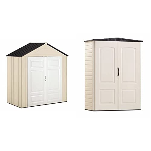Rubbermaid Resin Weather Resistant Outdoor Storage Shed, 7 x 3.5 ft, Maple/Sandstone & Rubbermaid Resin Weather Resistant Outdoor Storage Shed, 5 x 2 ft, Sandalwood/Onyx Roof