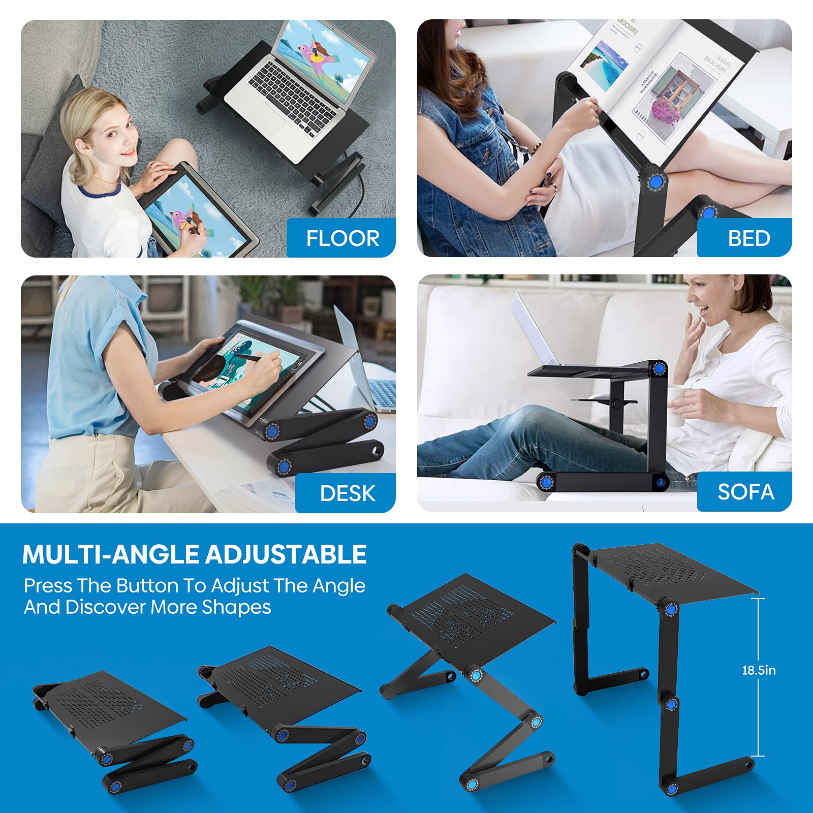 Extra Wide Adjustable Laptop Stand with Cooling Fan & Mouse Pad for 17 Inch Computer, Portable Ergonomic Lap Desk for Bed Sofa Couch Office (Aluminum Table Tray: 19", Black)