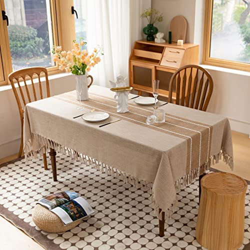 INUTOWA Handmade Tassels Tablecloth Embroidery Burlap Linen - Heavy Duty Wrinkle Free Rectangle Table Cloth for 6 Foot Tables Rustic Farmhouse Tablecloths for Outdoor Party Kitchen Coffee 55x86