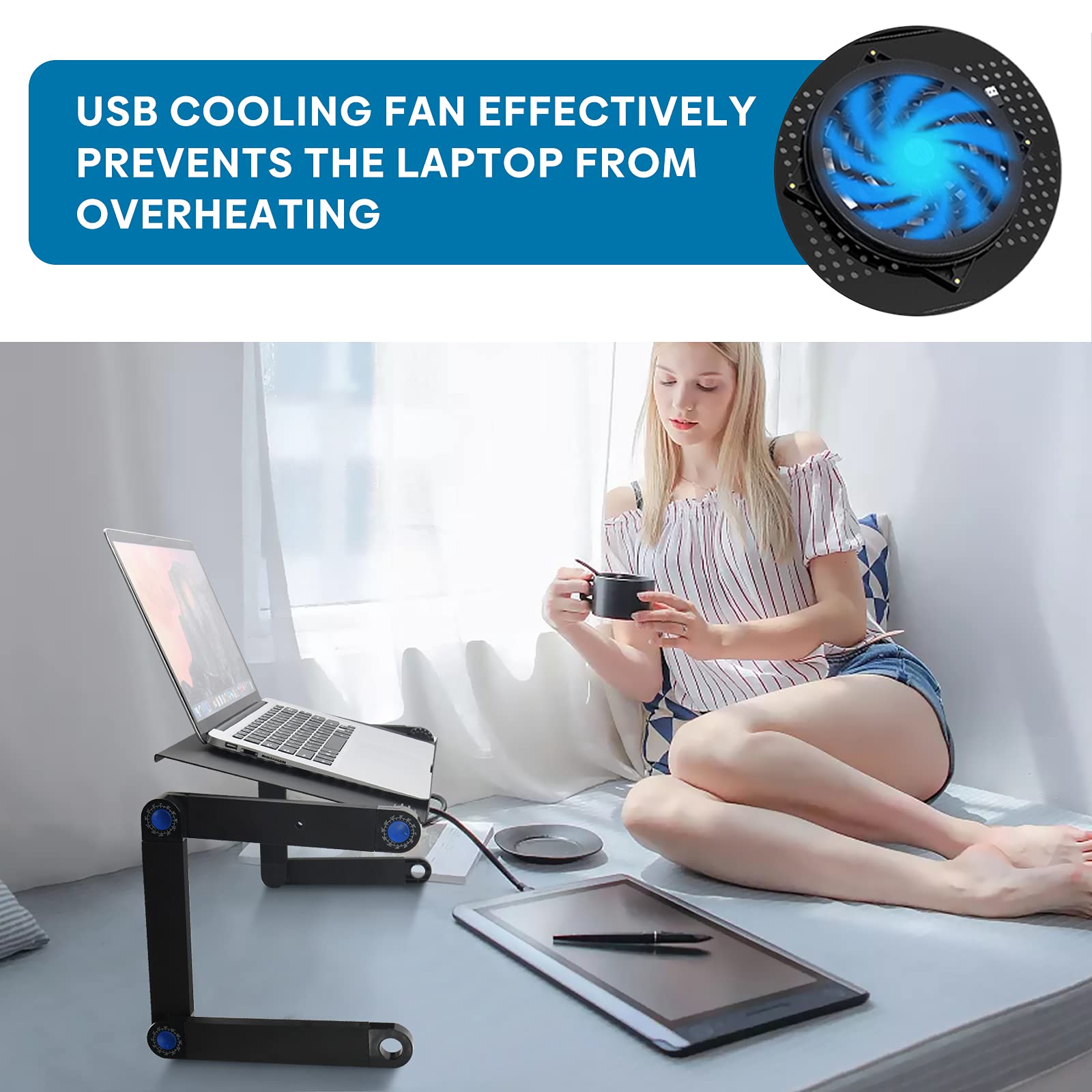 Extra Wide Adjustable Laptop Stand with Cooling Fan & Mouse Pad for 17 Inch Computer, Portable Ergonomic Lap Desk for Bed Sofa Couch Office (Aluminum Table Tray: 19", Black)