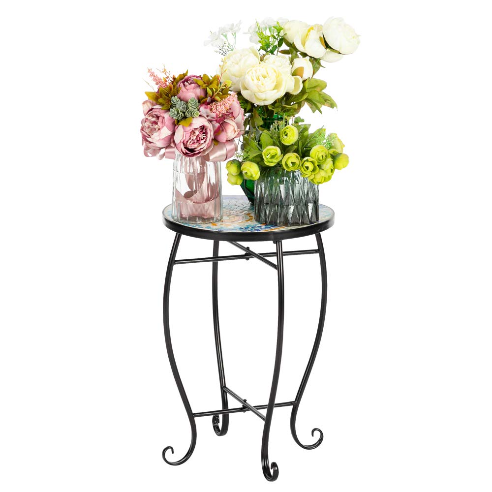 OOTDxvv Outdoor Side Table, 14inch Mosaic Patio Table Accent Table Plant Stand Small End Table with Coloured Glass for Porch Beach Patio Garden Balcony Poolside (D)