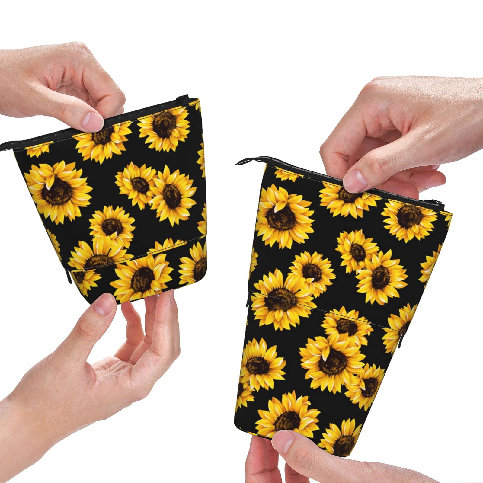 Gocerktr Sunflower Floral Pencil Telescopic Holder Storage, Office Standing Stationery Bag with Zipper, Organizer Pouch for Women Man