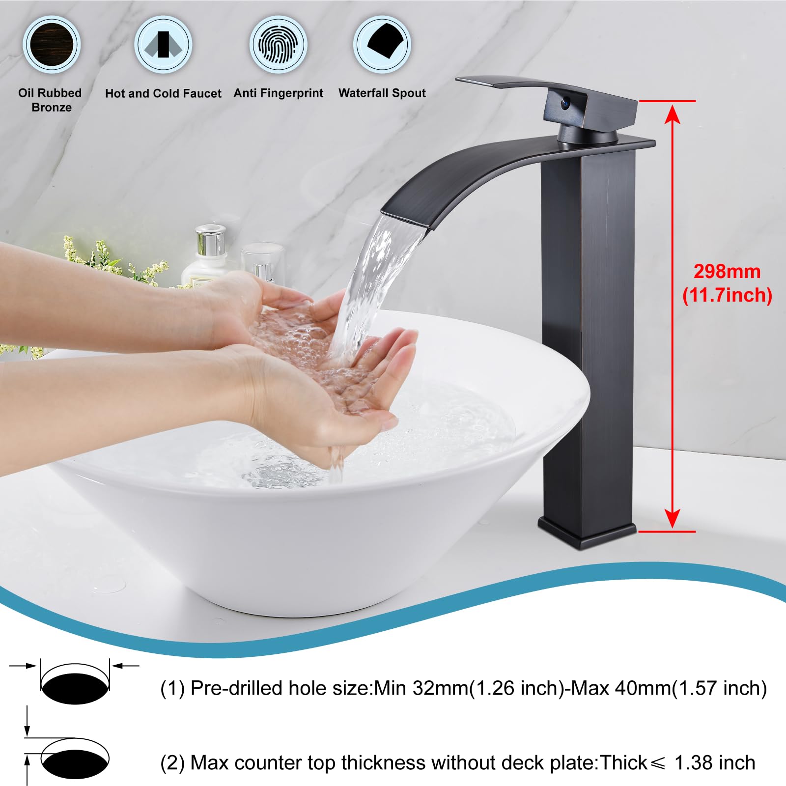 Midanya Bathroom Sink Faucet Waterfall Spout Single Handle 1 Hole Deck Mount Mixer Tap Lavatory Vanity Vessel Faucet Commercial with Pop Up Drain,Tall, Oil Rubbed Bronze